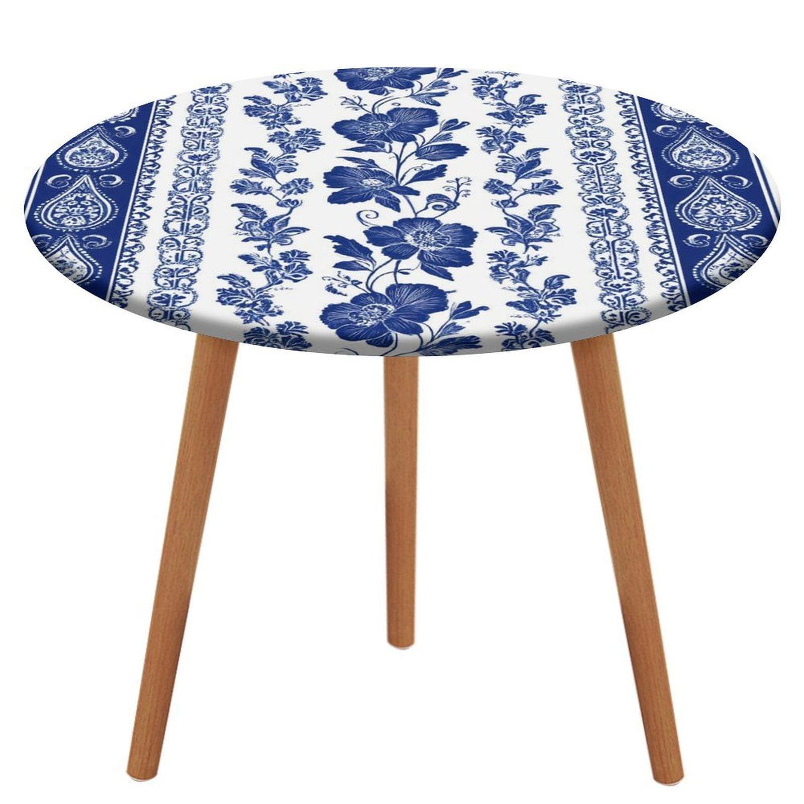 Blue Floral Paisley Border Round Tablecloth Waterproof Elastic Table ...