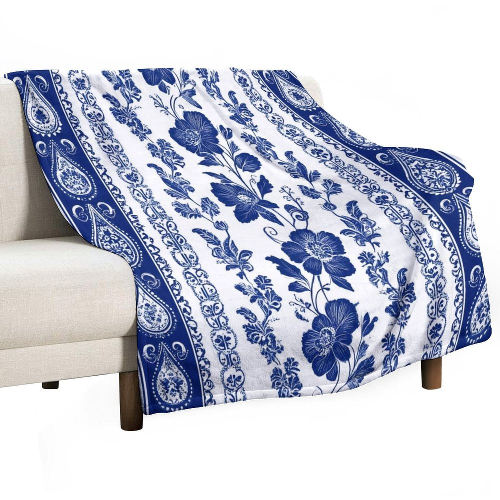 Blue Floral Paisley Border Soft Print Blanket Throw Blankets Warm Cozy ...