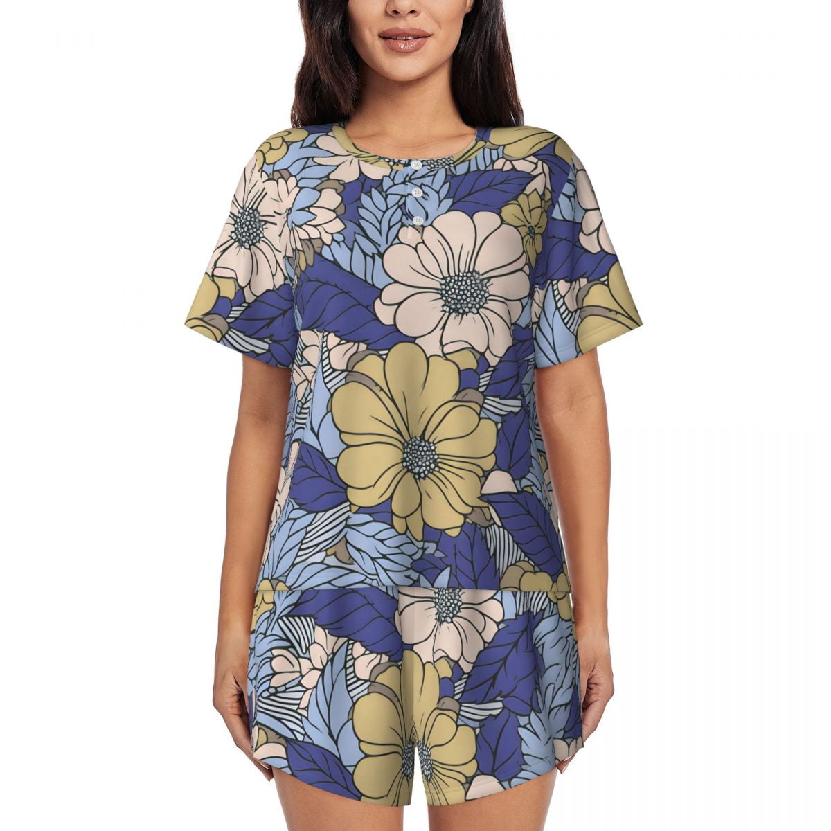 Blue Floral Pajamas Daily 2 Pieces Elegant Flowers Elegant Pajamas Set ...