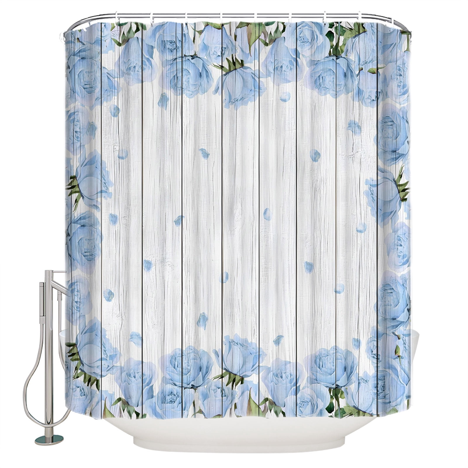 Blue Floral Pastoral Bathroom Shower Curtains with 12 Hooks Waterproof ...