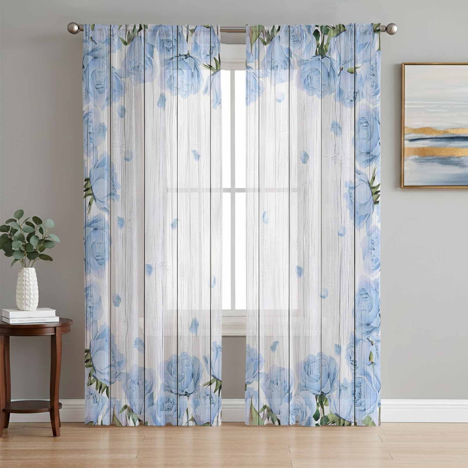 Blue Floral Pastoral Sheer Curtains for Living Room Bedroom Rustic ...