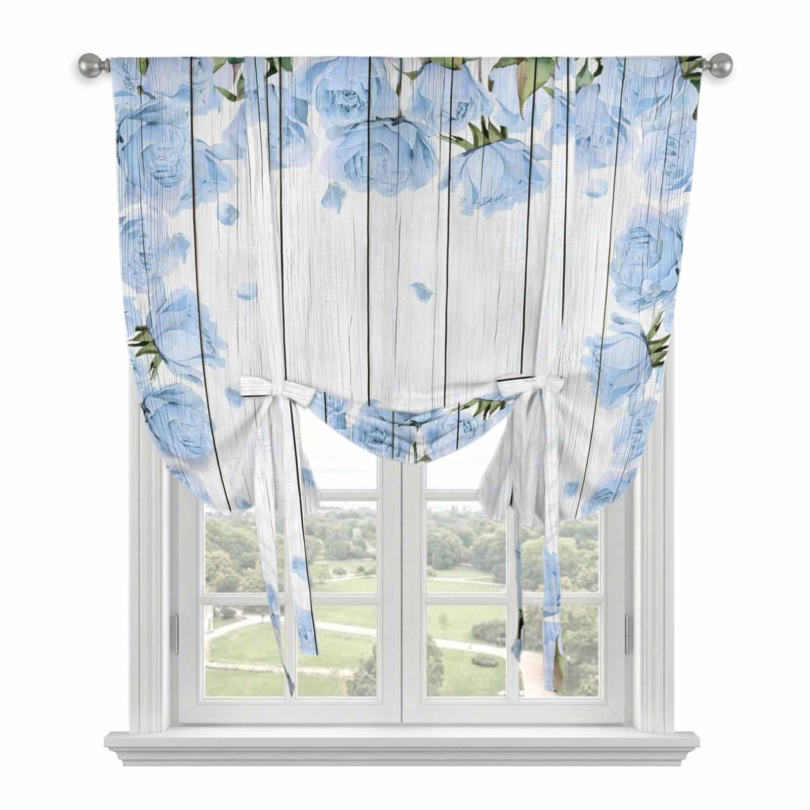 Blue Floral Pastoral Tie Up Curtains for Window, Thermal Insulated ...