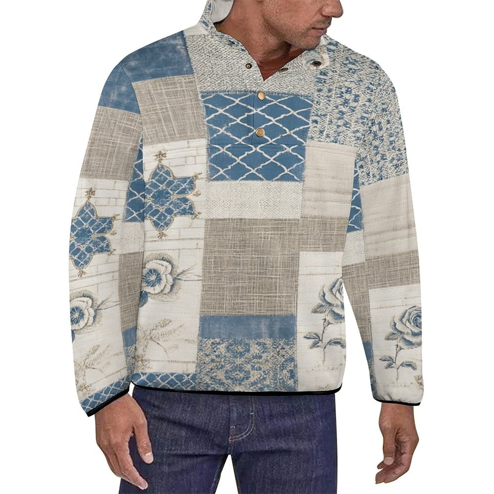 Blue Floral Patchwork Design Men's Stand Collar Sweater Long Sleeve ...
