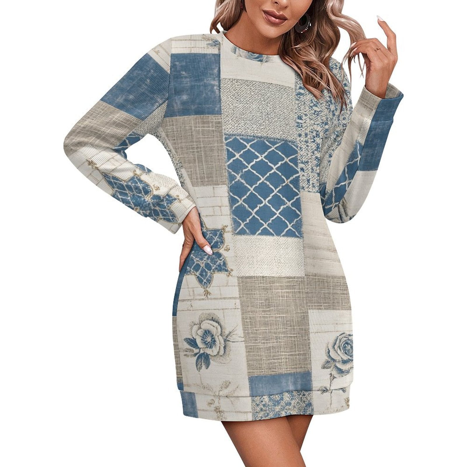 Blue Floral Patchwork Design Women Elegant Long Sleeve Warm Dress ...