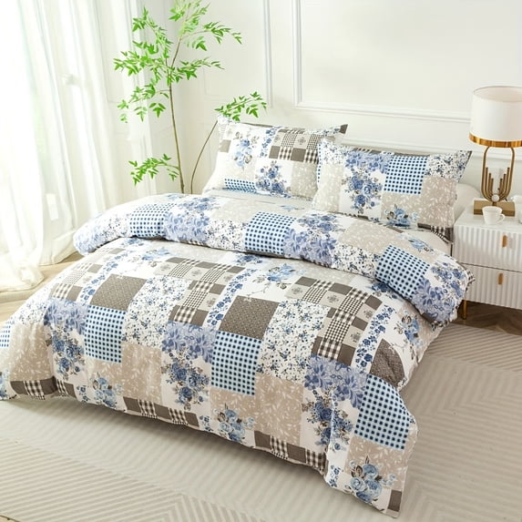 Blue Floral Patchwork Duvet Cover Set - 3 Piece Bedding Set with ...