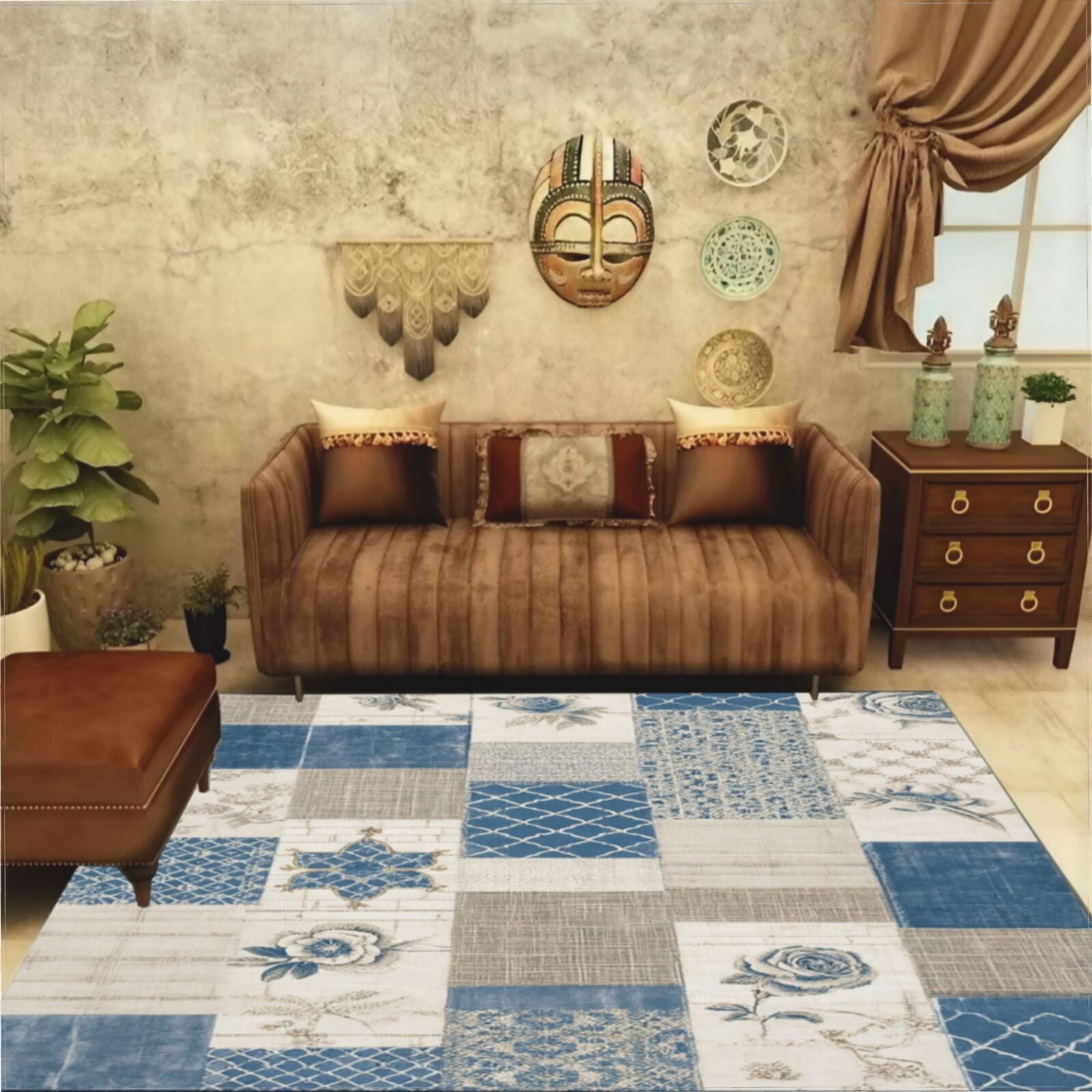 Blue Floral Patchwork Light Luxury Retro Carpet Large Size Living Room ...