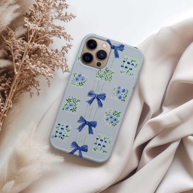 Blue Floral Patchwork Phone Case Compatible with iPhone 11 to 16 Pro ...