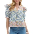 Blue Floral Patchwork Short Sleeve V-Neck Flutter Sleeve Peplum Blouse ...