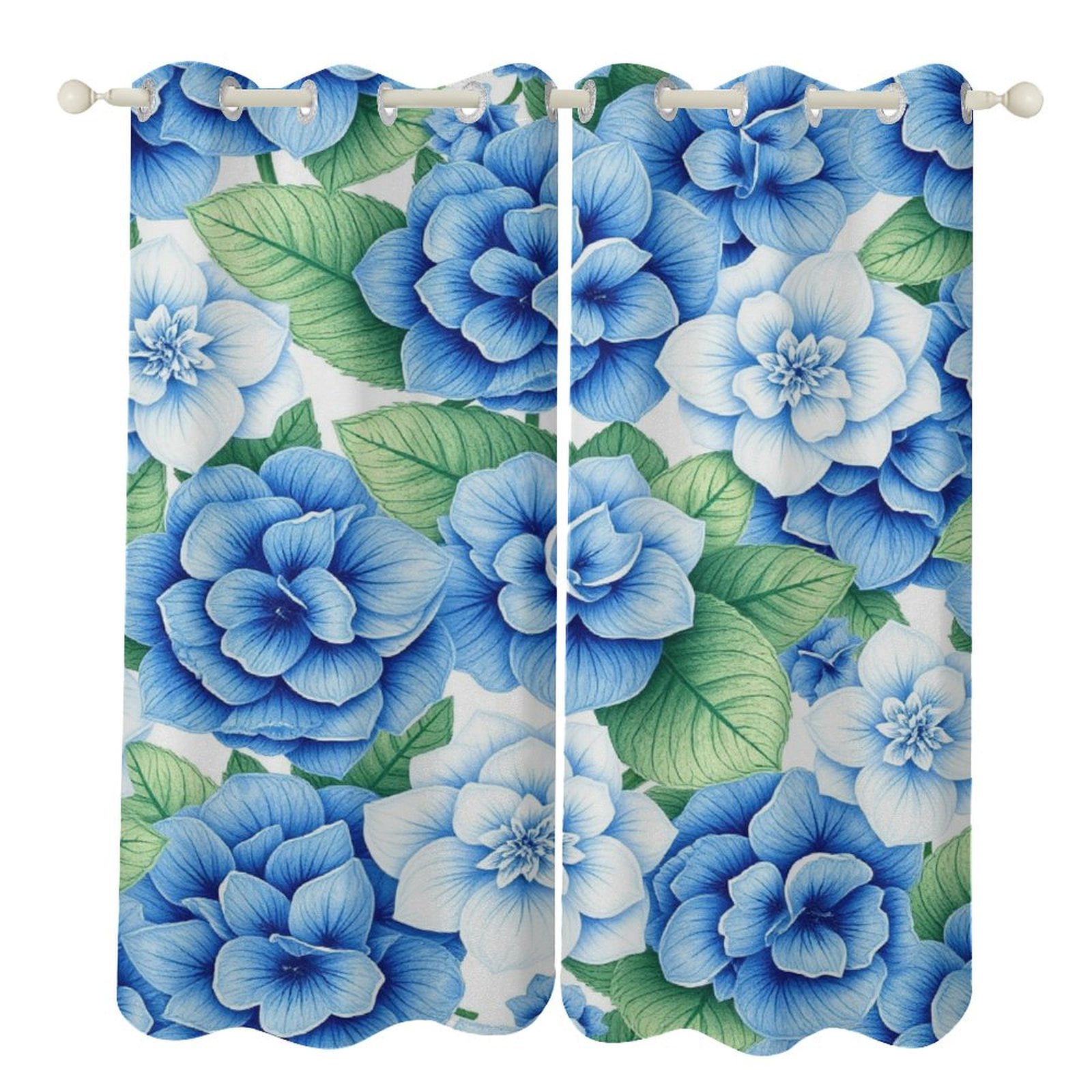 Blue Floral Pattern 2 Pieces Window Drape Curtain for Living Room ...