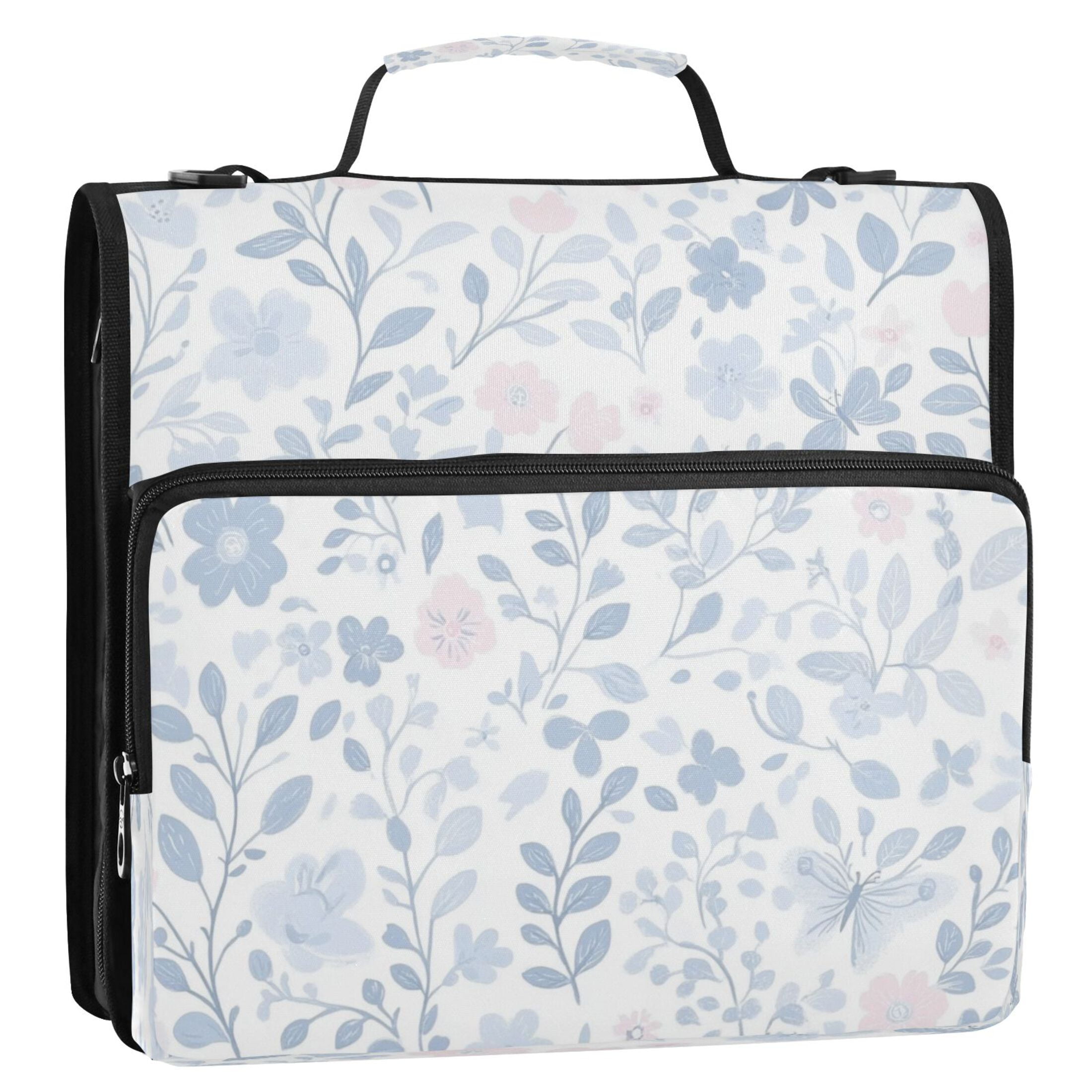 Blue Floral Pattern 3-Ring Binder Bag 13.6x12.4x3.5in Water-Resistant ...