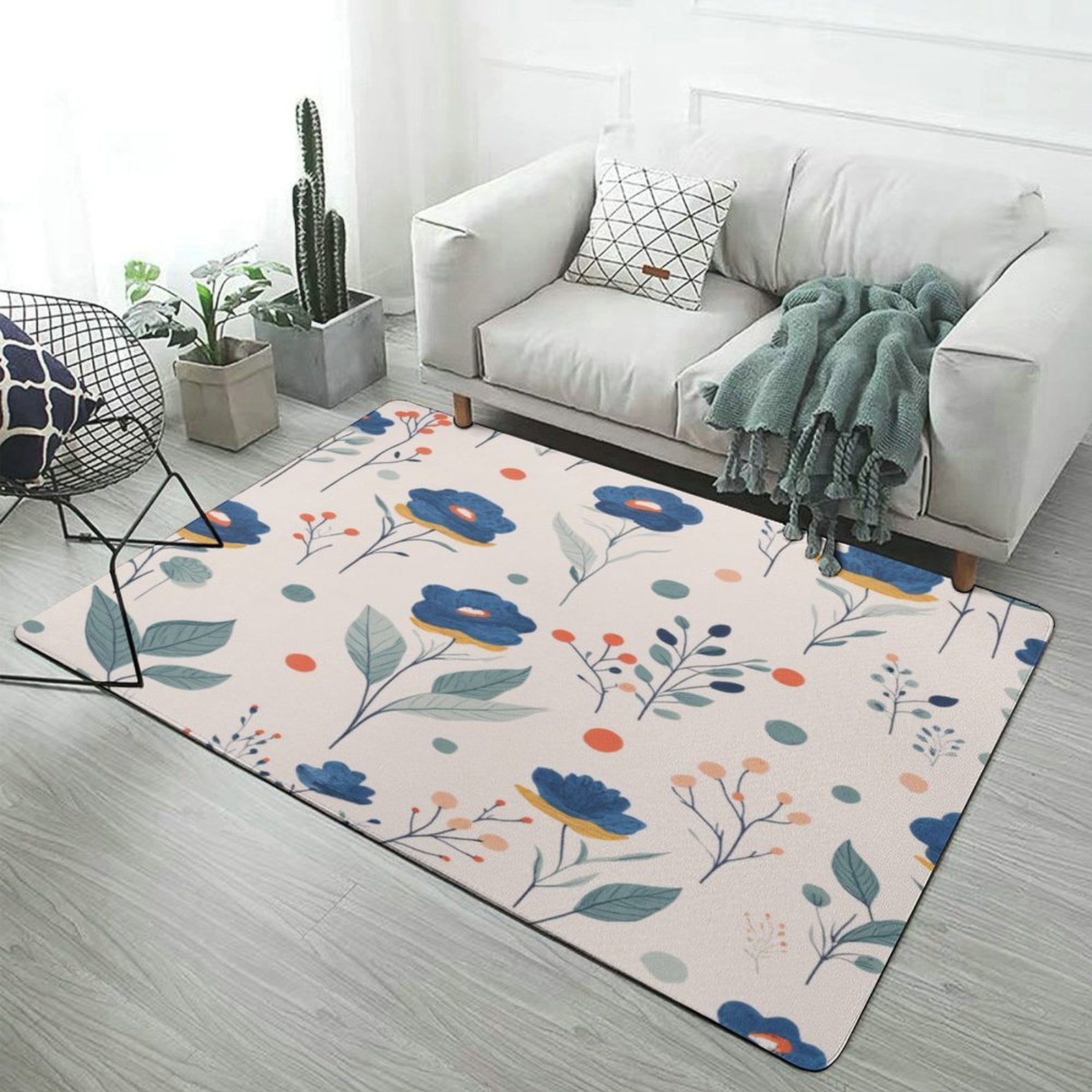 Blue Floral Pattern Area Rugs Soft Carpet Suitable for Living Room ...