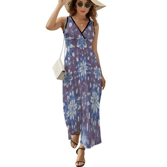 Blue Floral Pattern Background Dress Summer Street Style Bohemia Long ...