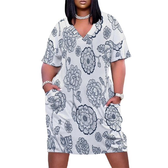Blue Floral Pattern Background Loose Pocket Dress Dresses Summer Summer ...