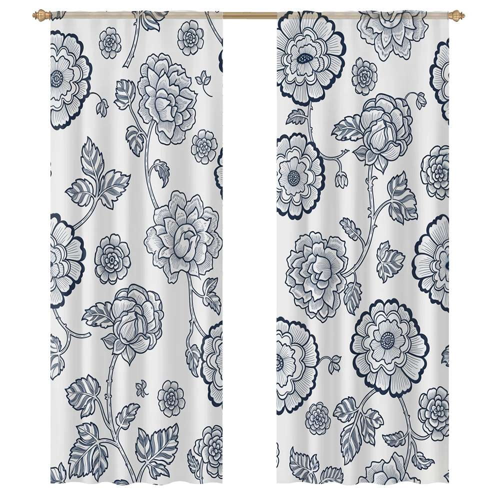 Blue Floral Pattern Background Tulle Curtains For Living Room Chiffon ...
