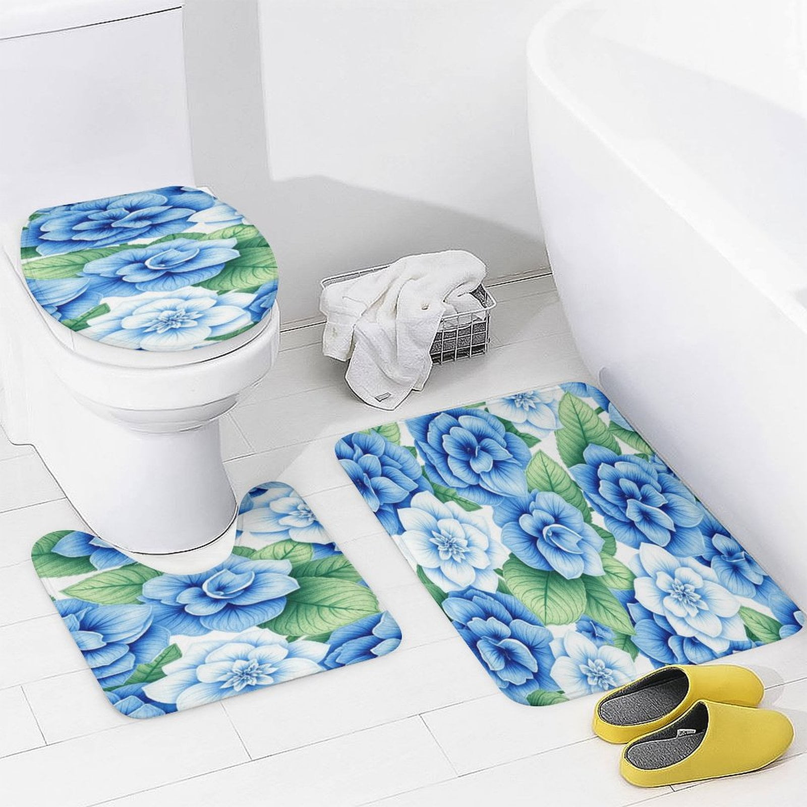 Blue Floral Pattern Bathroom Rugs Set 3 Piece with Non-Slip Bath Rugs ...