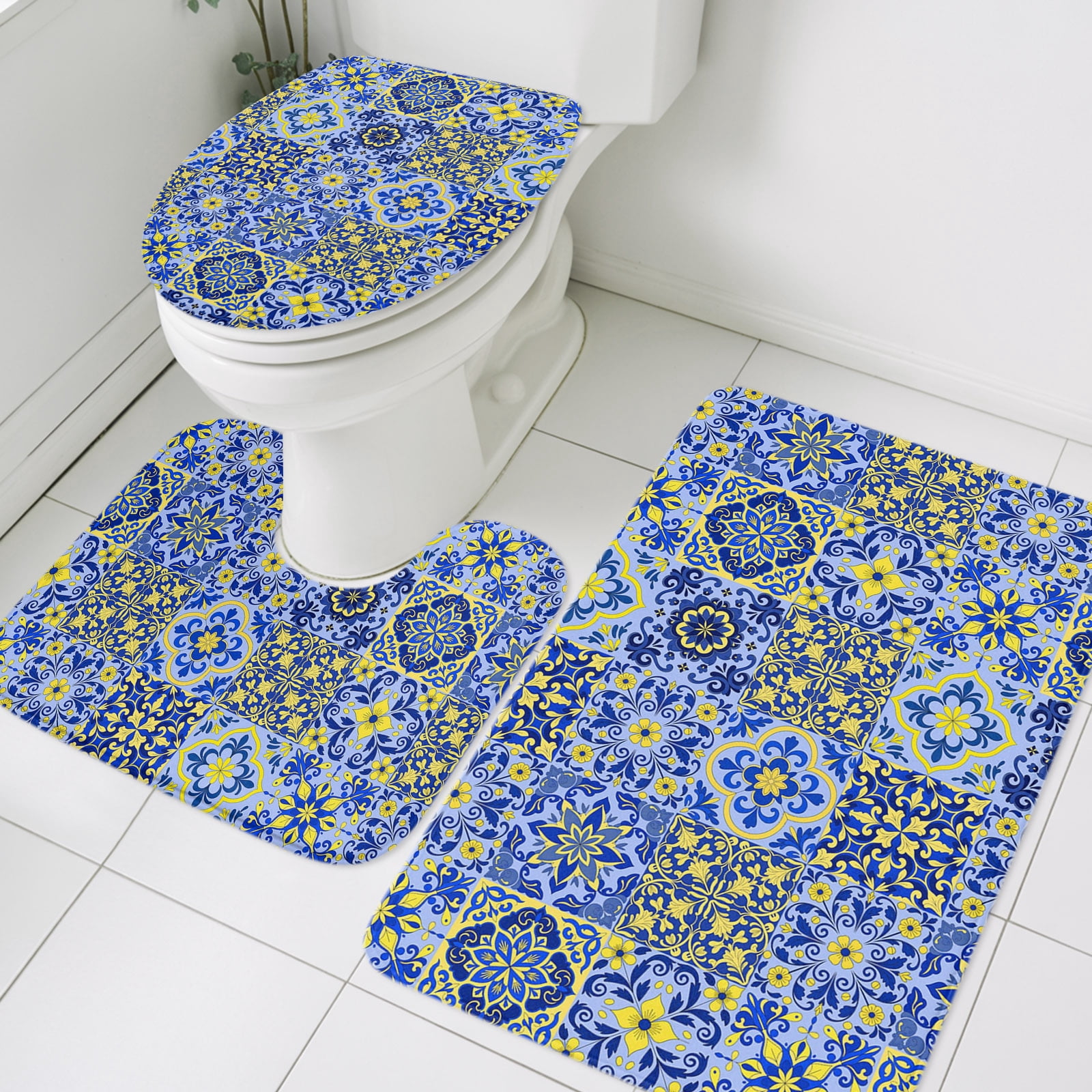 Blue Floral Pattern Bathroom Rugs Set Yellow Flower Vintage Farm Plant ...