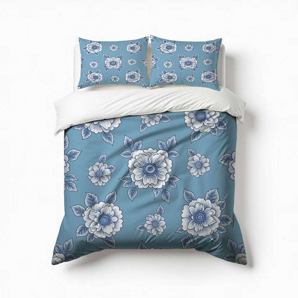 Blue Floral Pattern Bedding Set 3 Pcs Soft Microfiber Quilt Cover For ...