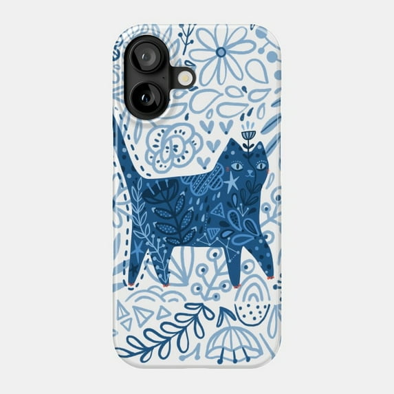 Blue Floral Pattern Cat Silhouette Phone Case for Apple iPhone 11-17 ...