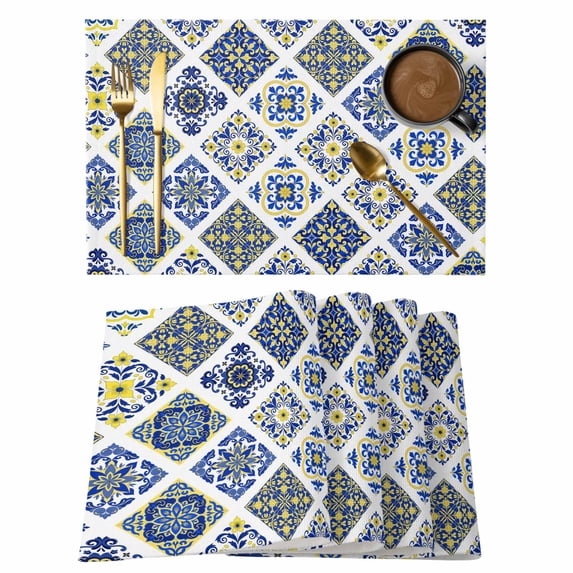 Blue Floral Pattern Cotton Linen Placemats Set of 1, Yellow Flowers ...