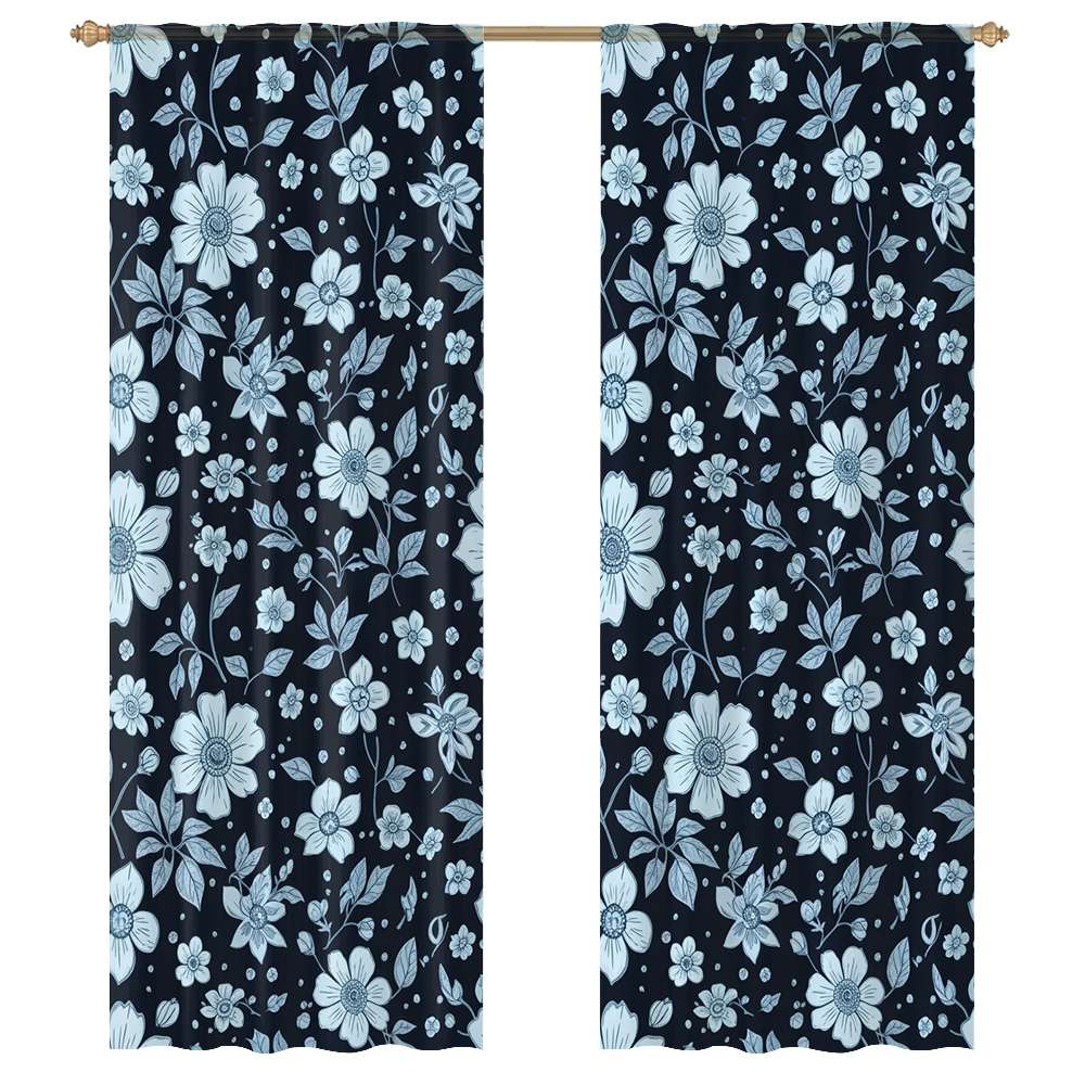 Blue Floral Pattern Dark Background Sheer Voile Curtain Window Tulle ...