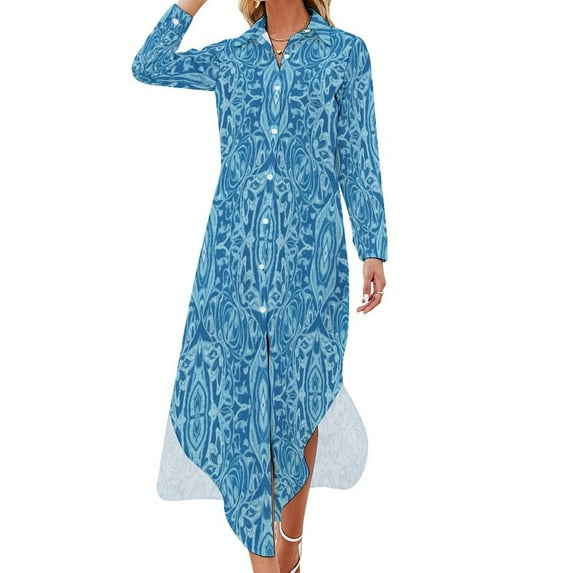 Blue Floral Pattern Design Shirt Dress Long Sleeve Street Fashion V ...