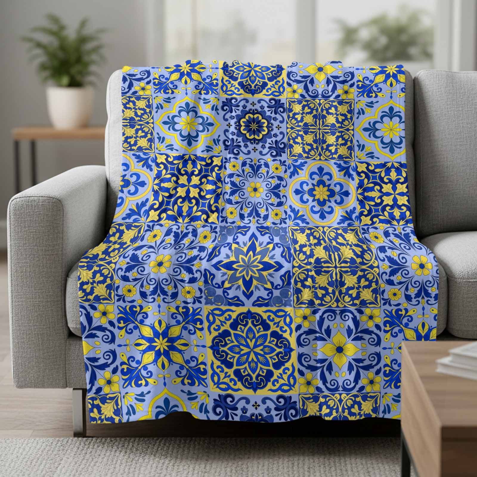 Blue Floral Pattern Fleece Throw Blanket Yellow Flower Vintage Farm ...