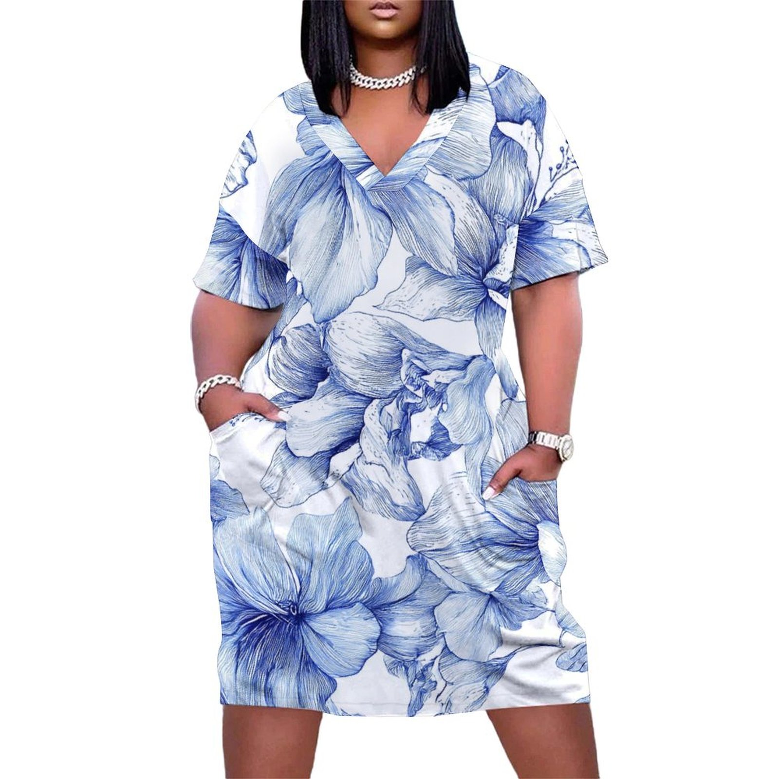 Blue Floral Pattern Intricate Design Summer Sundress for Curve Women ...