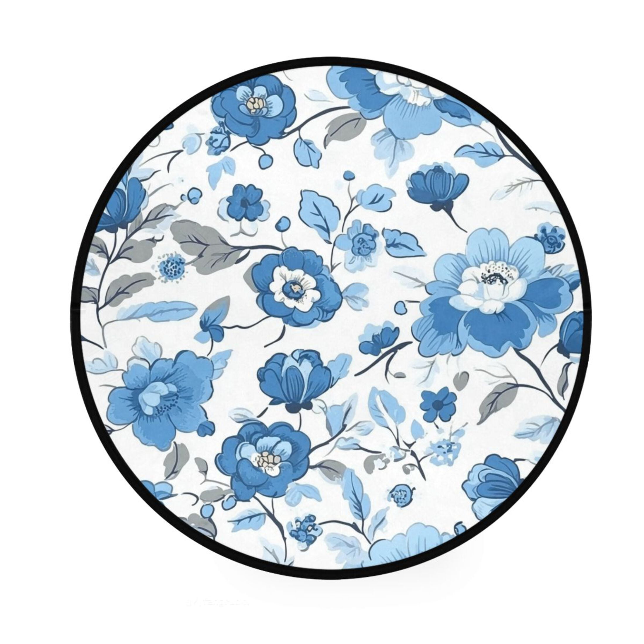 Blue Floral Pattern Memory Foam Bath Mat 36" Absorbent Rug with Non ...