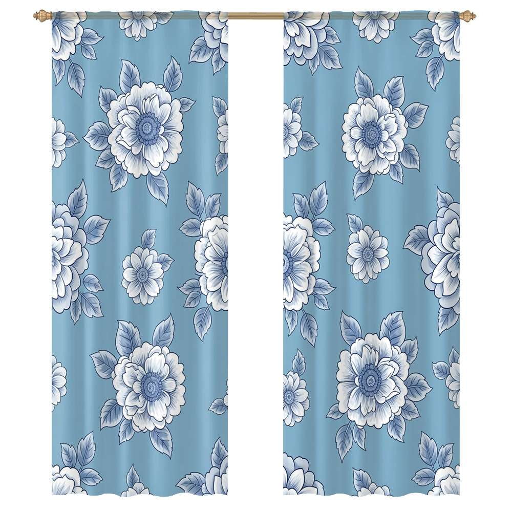 Blue Floral Pattern Modern Tulle Window Curtains for Living Room Luxury ...