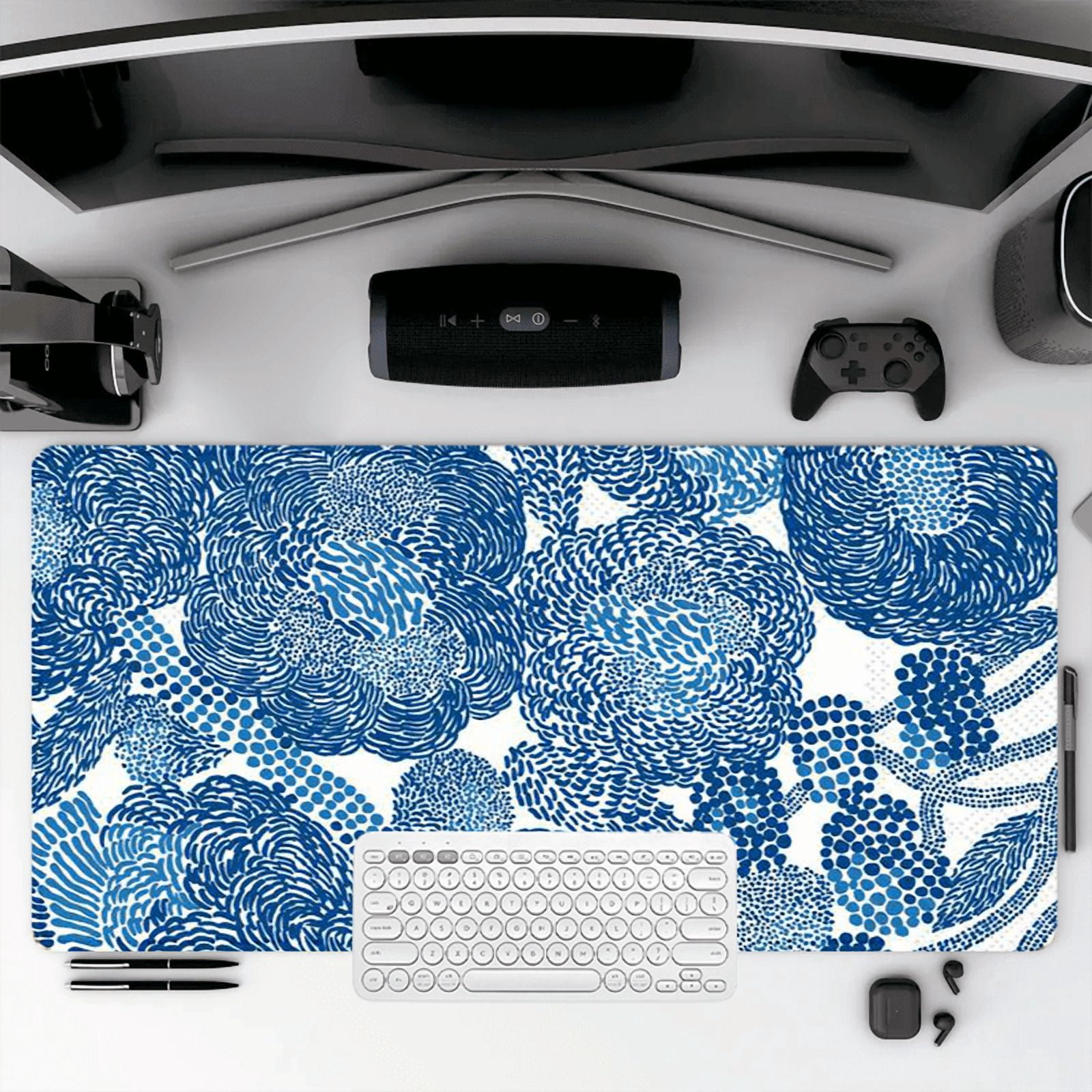 Blue Floral Pattern Mouse Pad 35.4 x 15.8 Inches Rubber Desk Mat for ...
