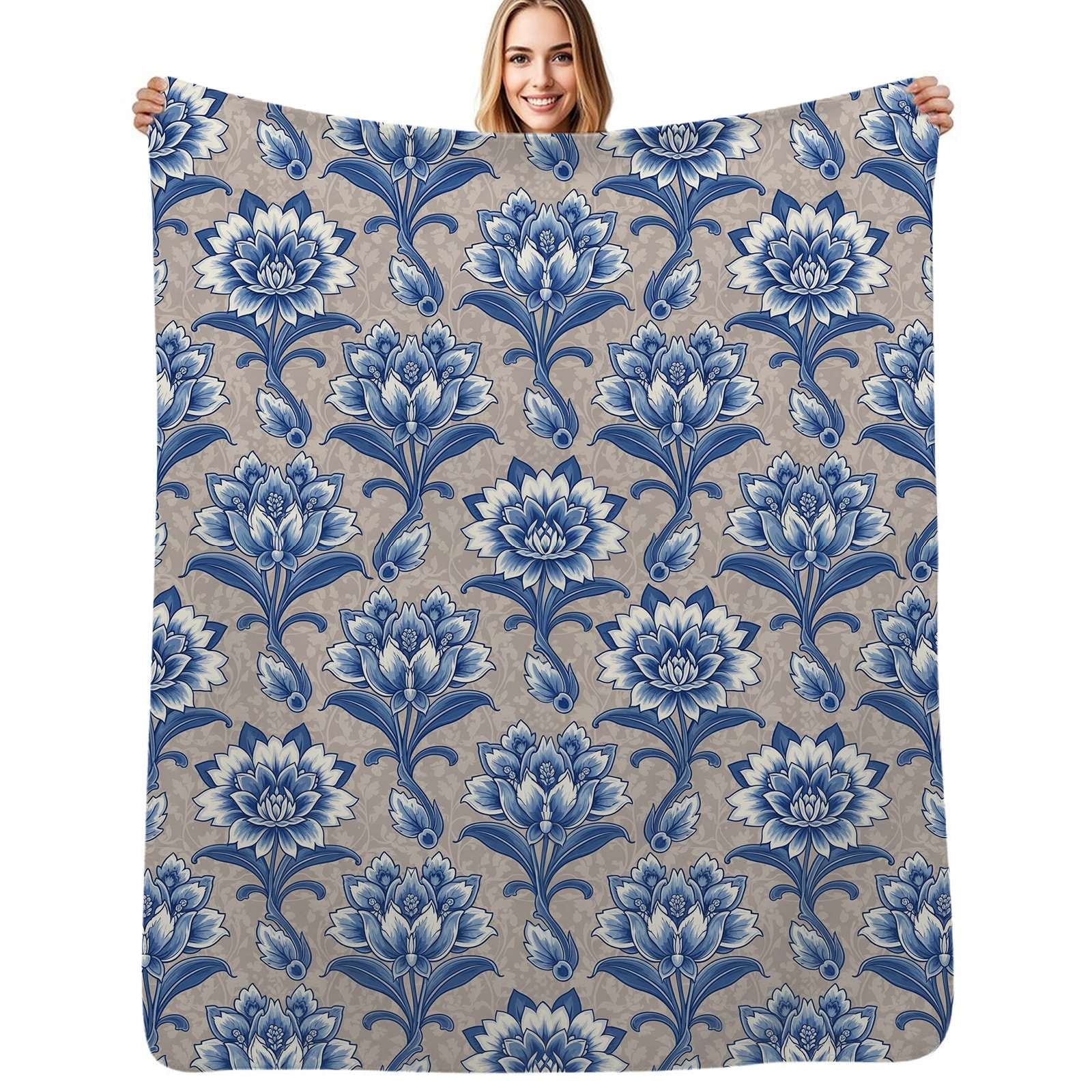 Blue Floral Pattern Print Flannel Blankets Soft Throw Blanket Winter ...