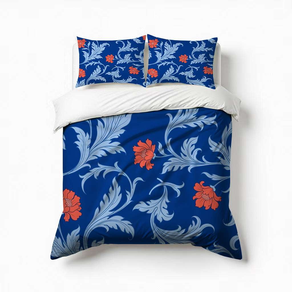 Blue Floral Pattern Red Flowers Bedding Set 3 Pcs Soft Microfiber Quilt ...