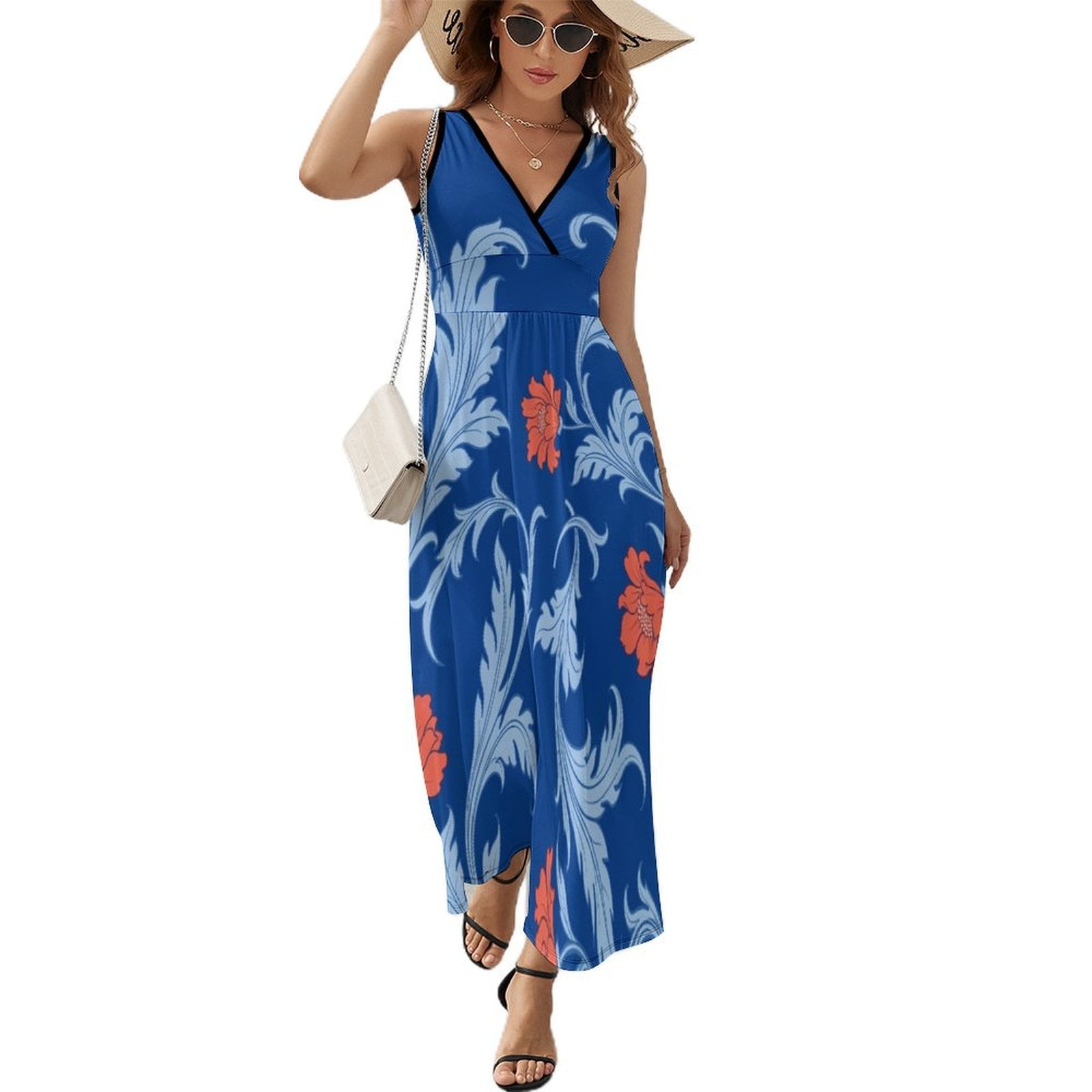 Blue Floral Pattern Red Flowers Dress Fashion Boho Beach Long Dresses ...