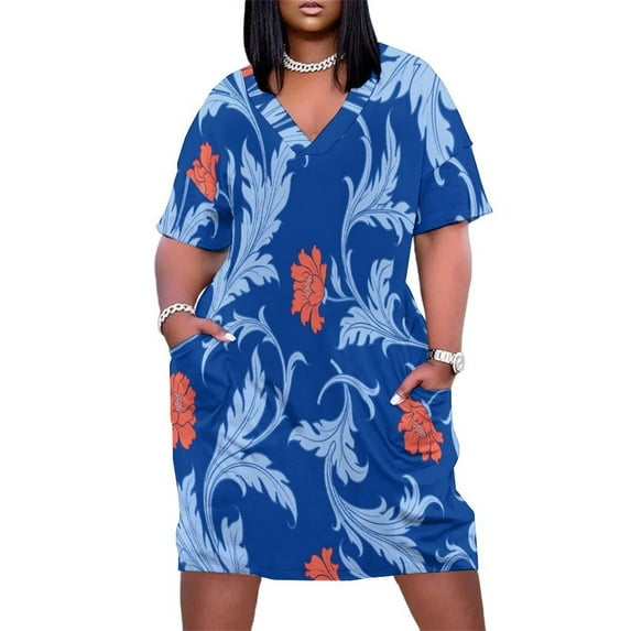 Blue Floral Pattern Red Flowers Loose Pocket Dress Dresses Summer ...