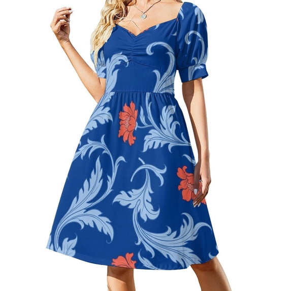 Blue Floral Pattern Red Flowers Short Sleeve Dress Clothes Women's ...