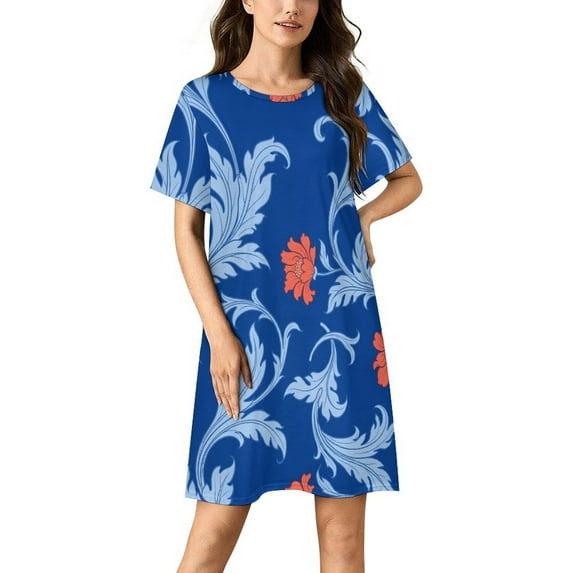 Blue Floral Pattern Red Flowers Women Nightgown Sleepwear Short Sleeves ...
