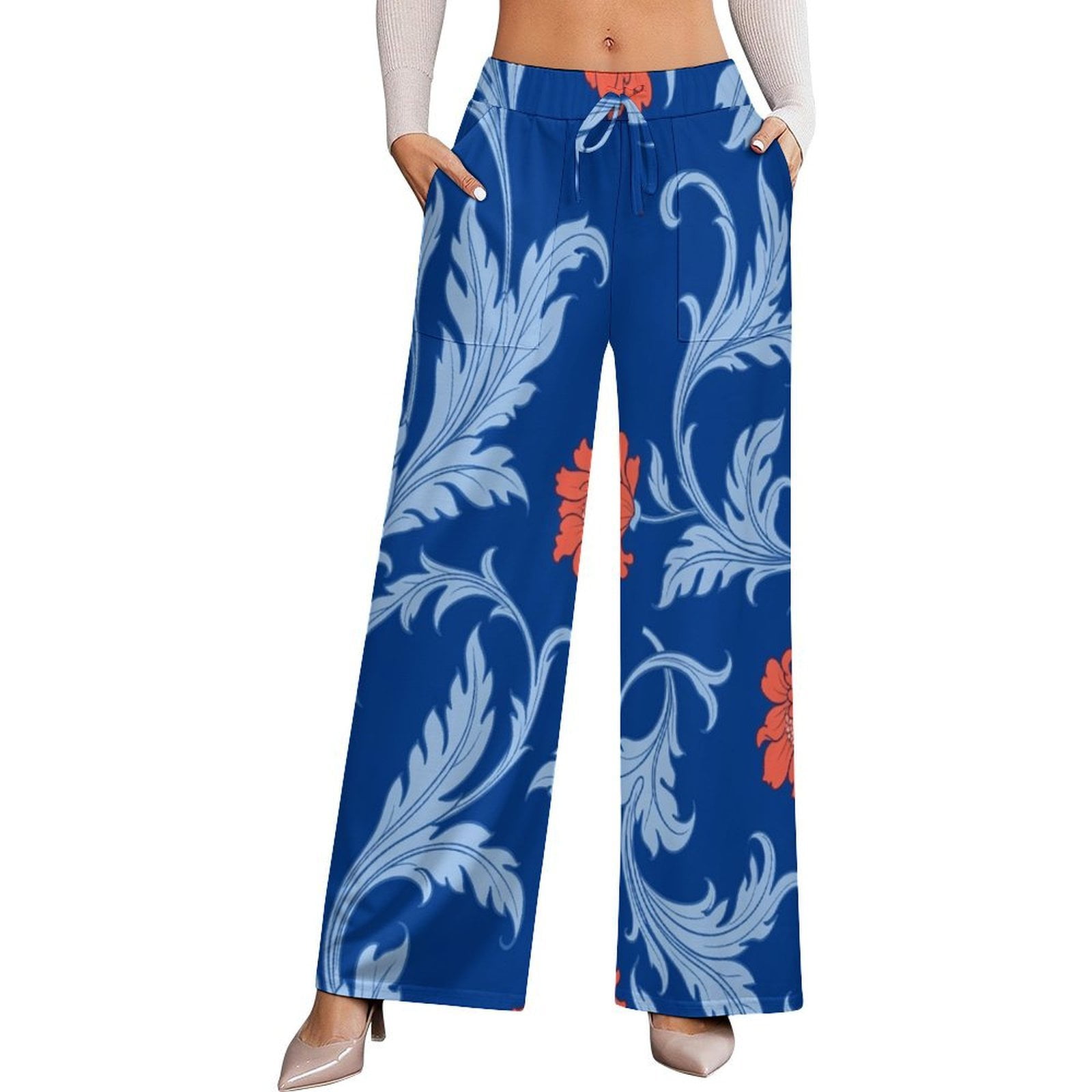 Blue Floral Pattern Red Flowers Women's Casual Wide Leg Pants Comfort ...