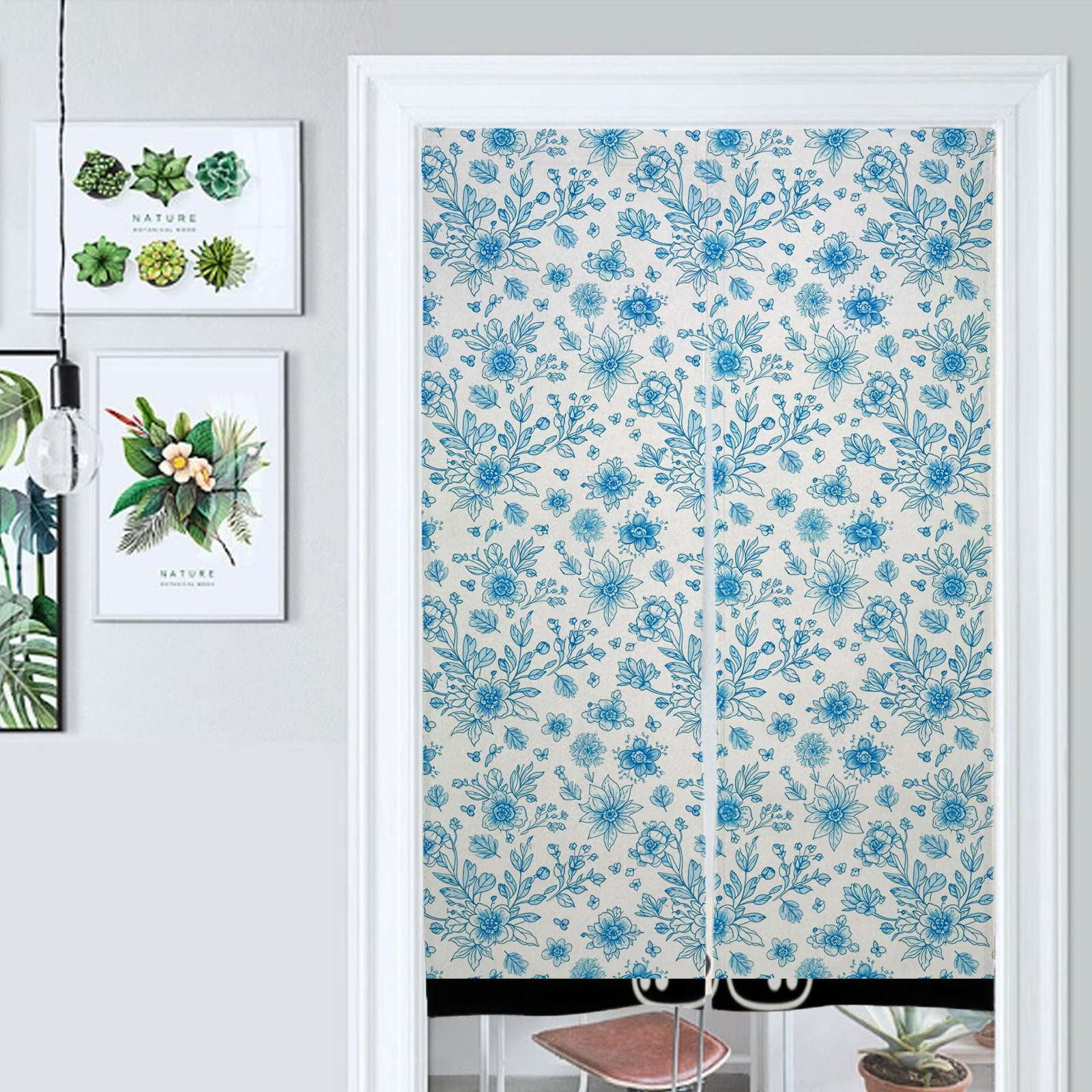 Blue Floral Pattern Repeat Door Curtain Nordic Living Room DoorCurtain ...