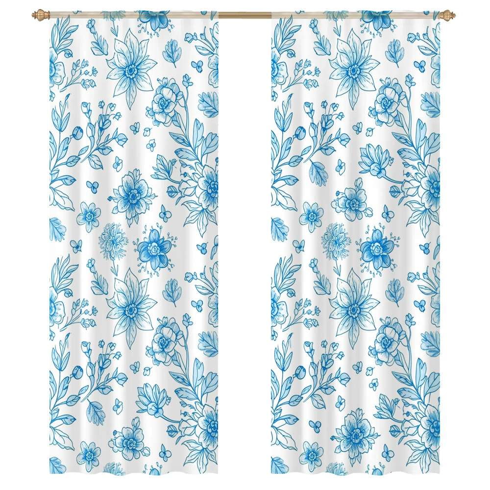 Blue Floral Pattern Repeat Modern Tulle Window Curtains for Living Room ...
