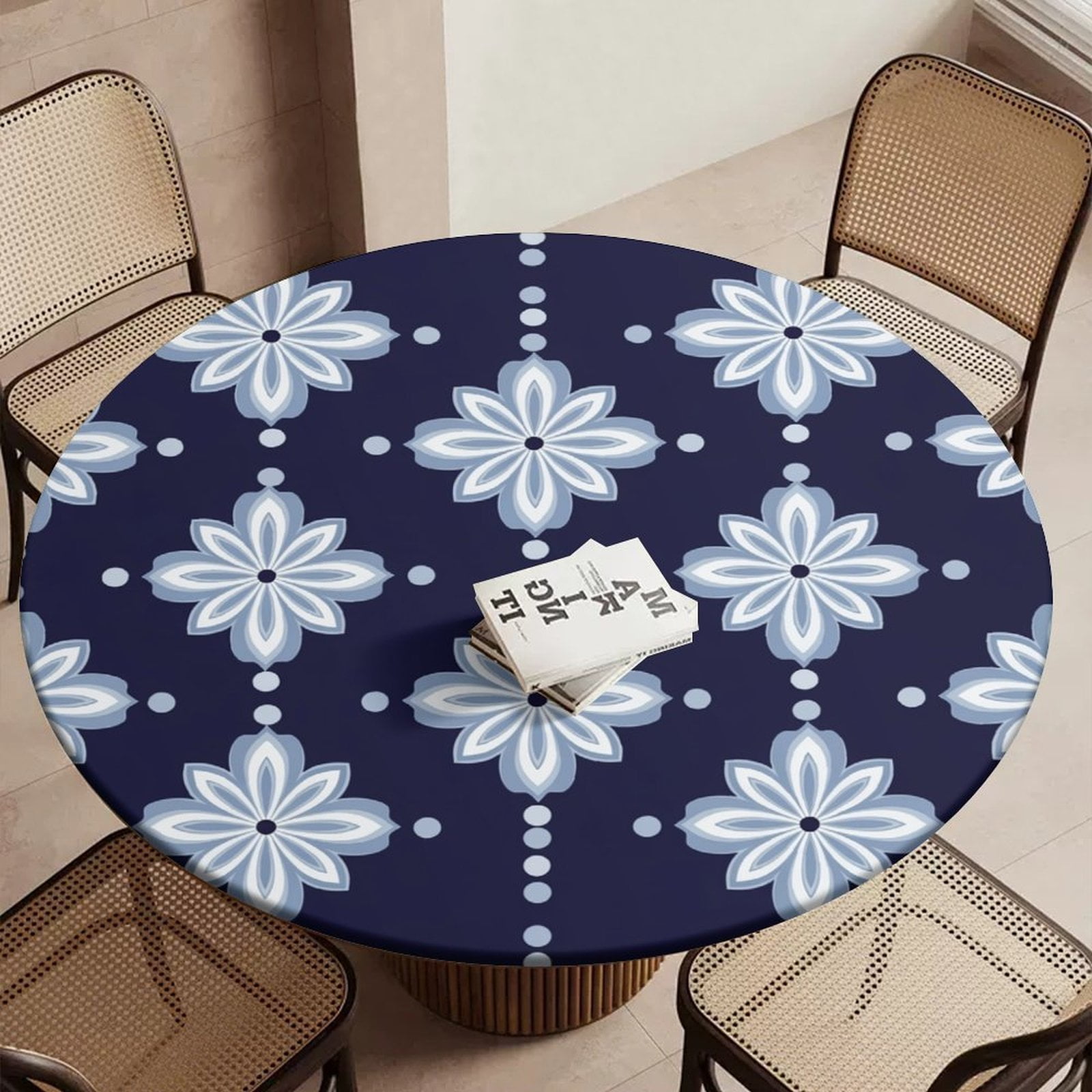 Blue Floral Pattern Repeat Round Table Cover Kitchen Printed Waterproof ...