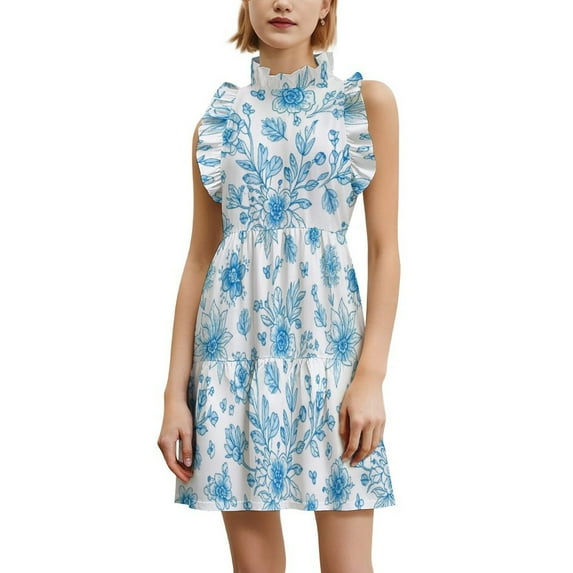 Blue Floral Pattern Repeat Women's Fashion Casual Dress Summer Stand Up ...