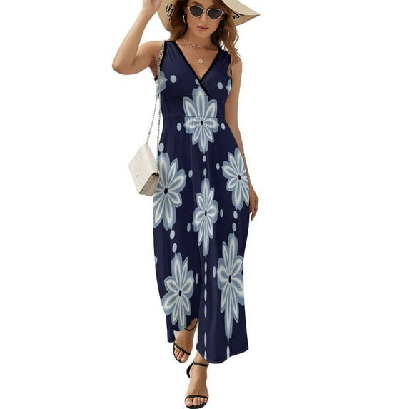 Blue Floral Pattern Repeat Womens Night Club Maxi Dress V Neck ...