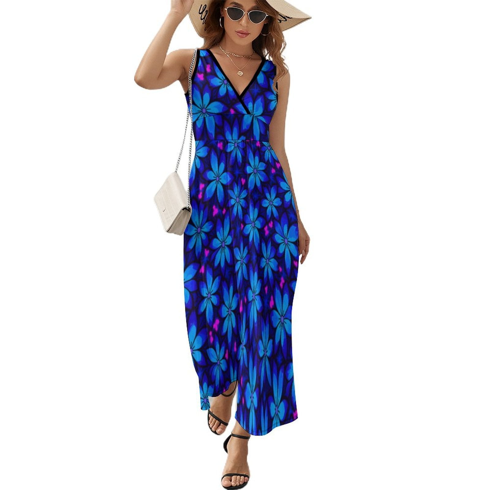 Blue Floral Pattern Repeating Dress Fashion Boho Beach Long Dresses ...