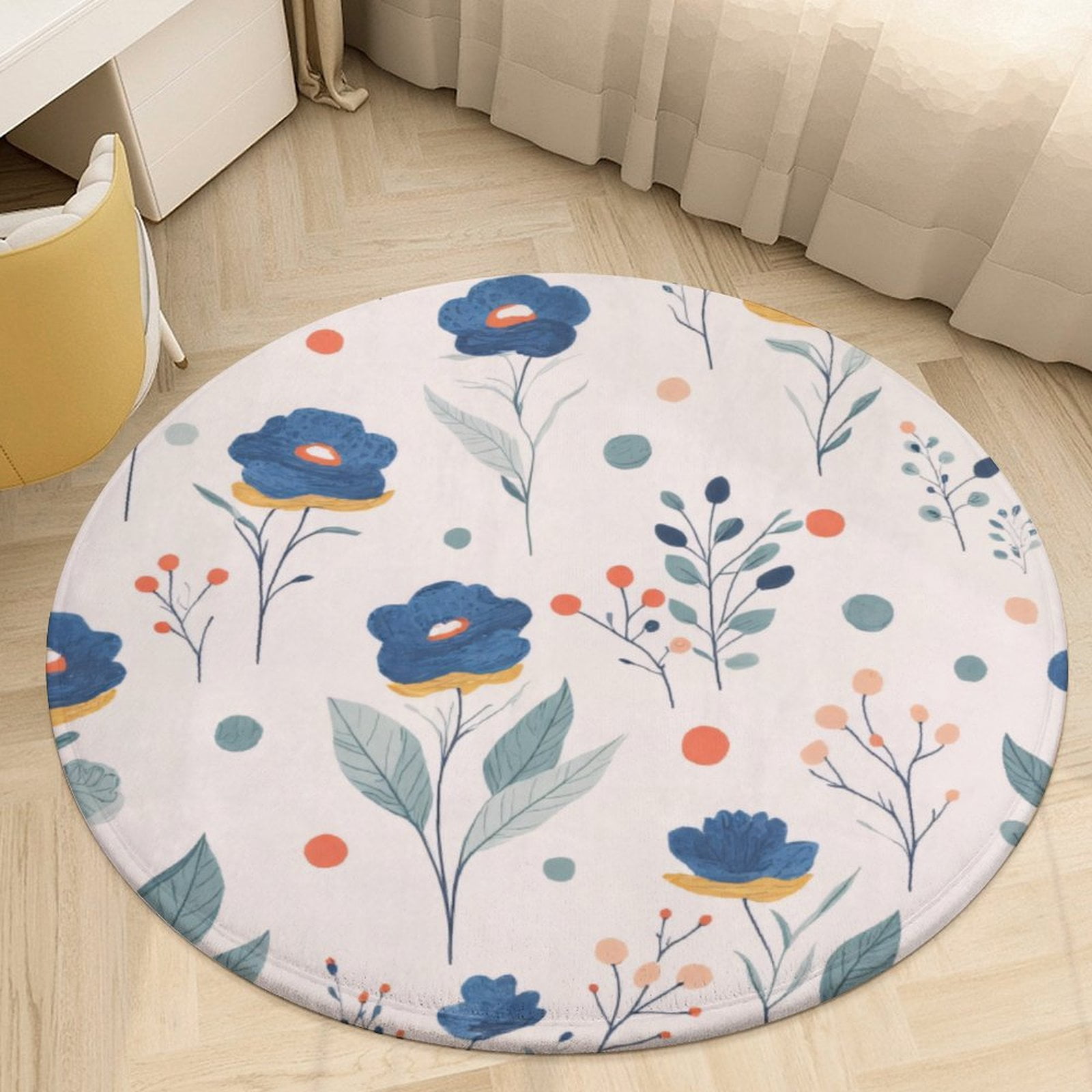 Blue Floral Pattern Round Area Rugs for Bedroom Living Room, 3FT Soft ...