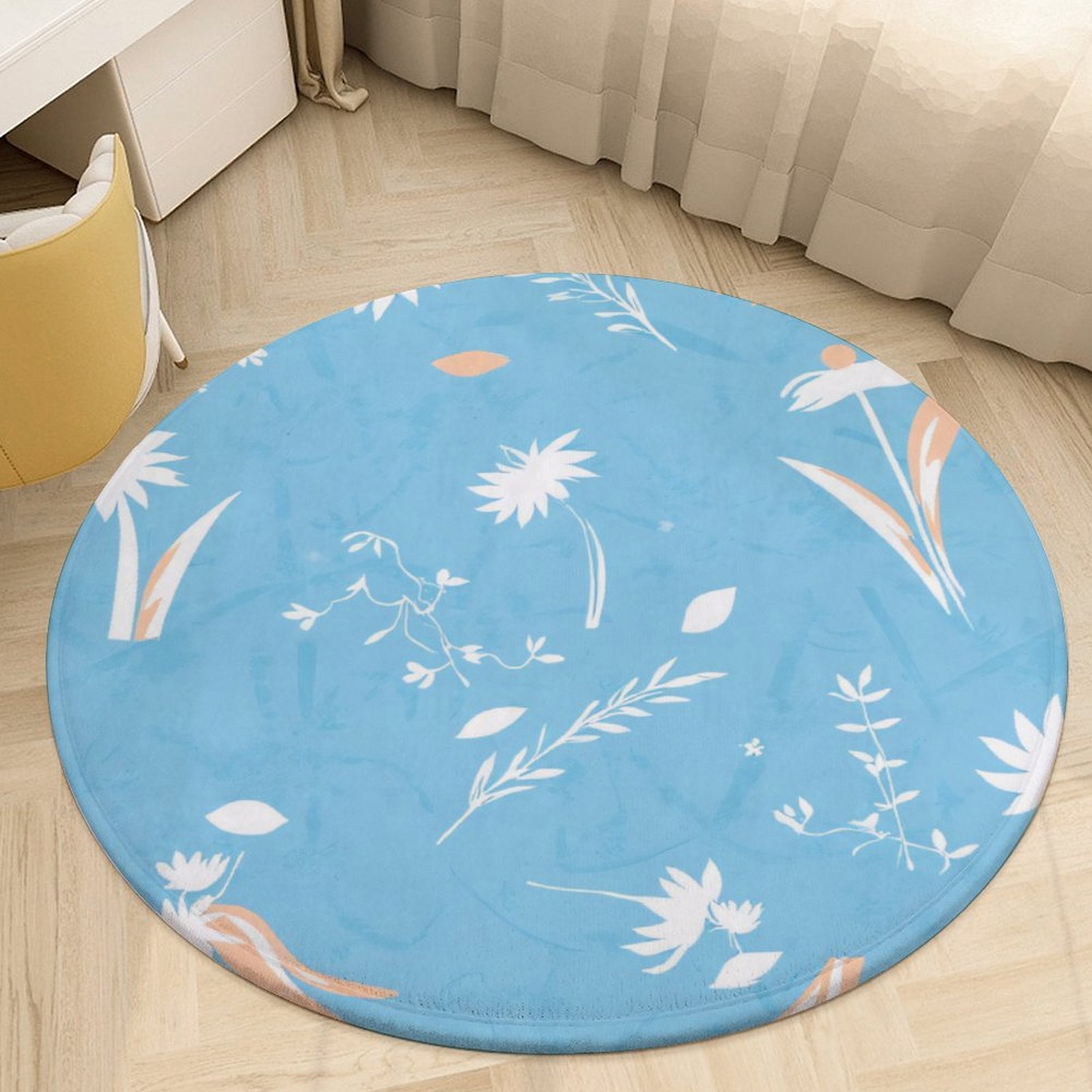 Blue Floral Pattern Round Area Rugs for Bedroom Living Room, 6FT Soft ...