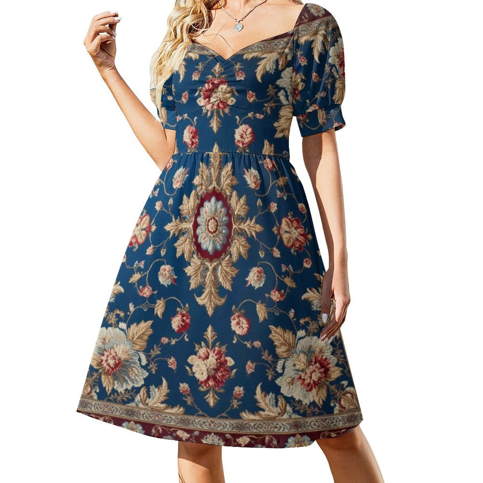Blue Floral Pattern Rug Short Sleeve Dress Clothes Women's Summer Dress ...