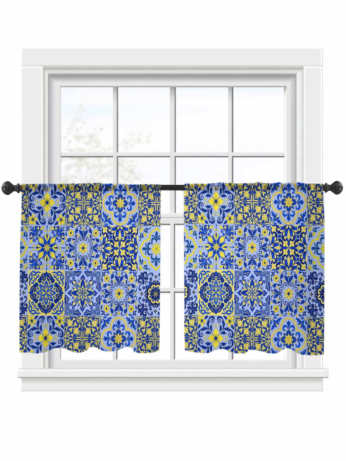 Blue Floral Pattern Sheer Curtains 2 Panels Set Yellow Flower Vintage ...