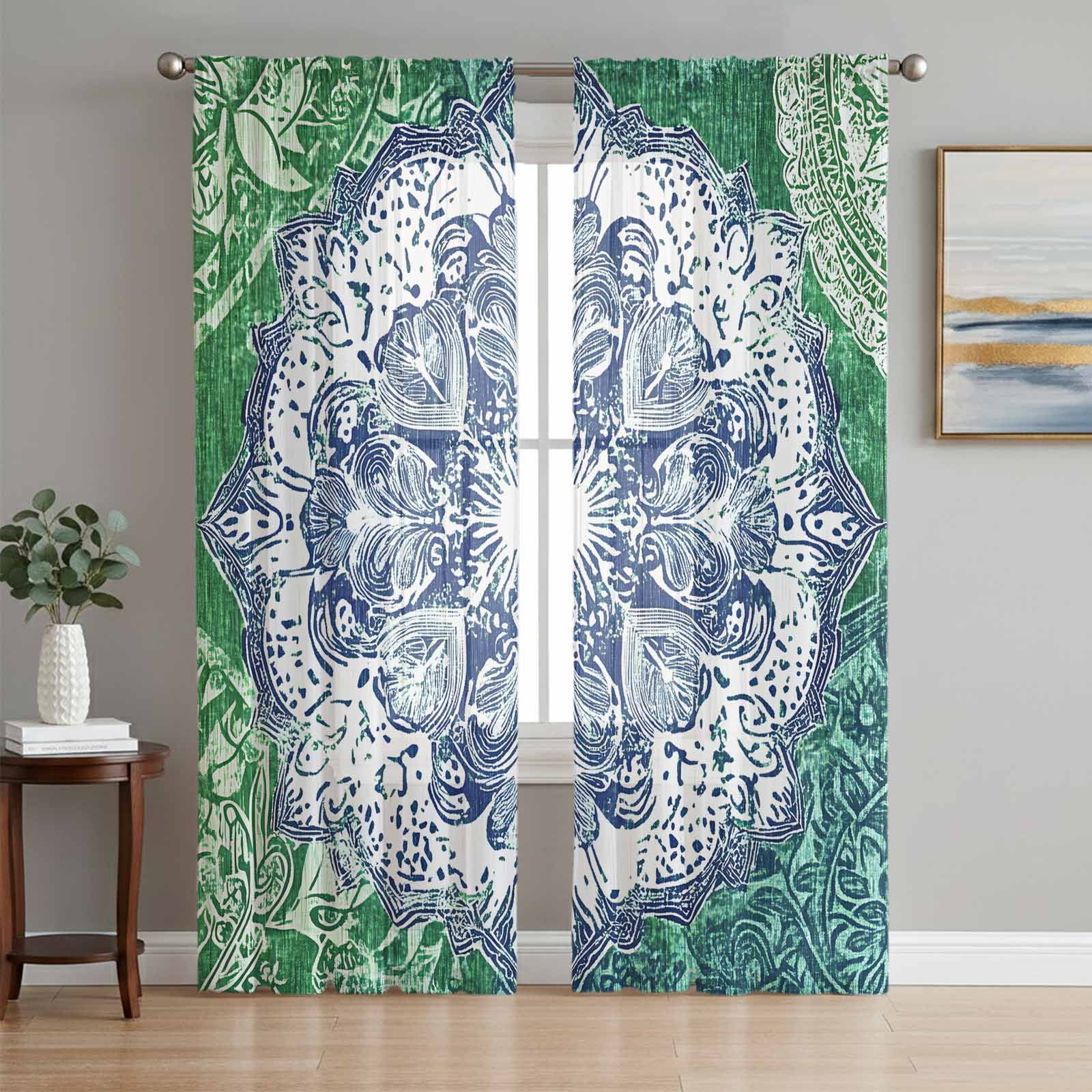 Blue Floral Pattern Sheer Curtains 72 Inch Length 2 Panels Set, Vintage ...