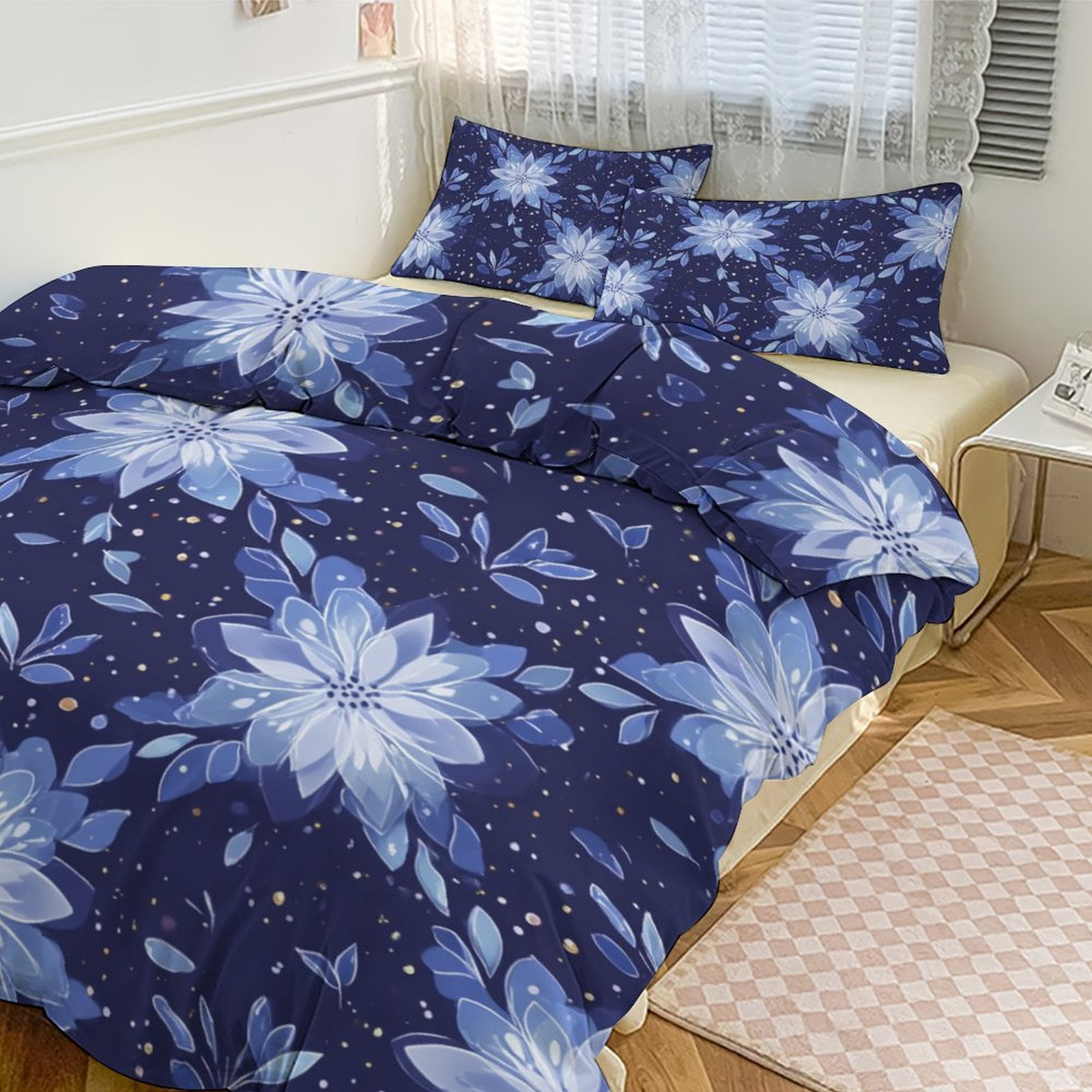 Blue Floral Pattern Sparkling Night Design Bedding Sets Twin Duvet ...