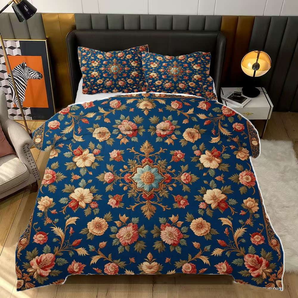 Blue Floral Pattern Square Comforter Set Full Size Bedding Set For ...